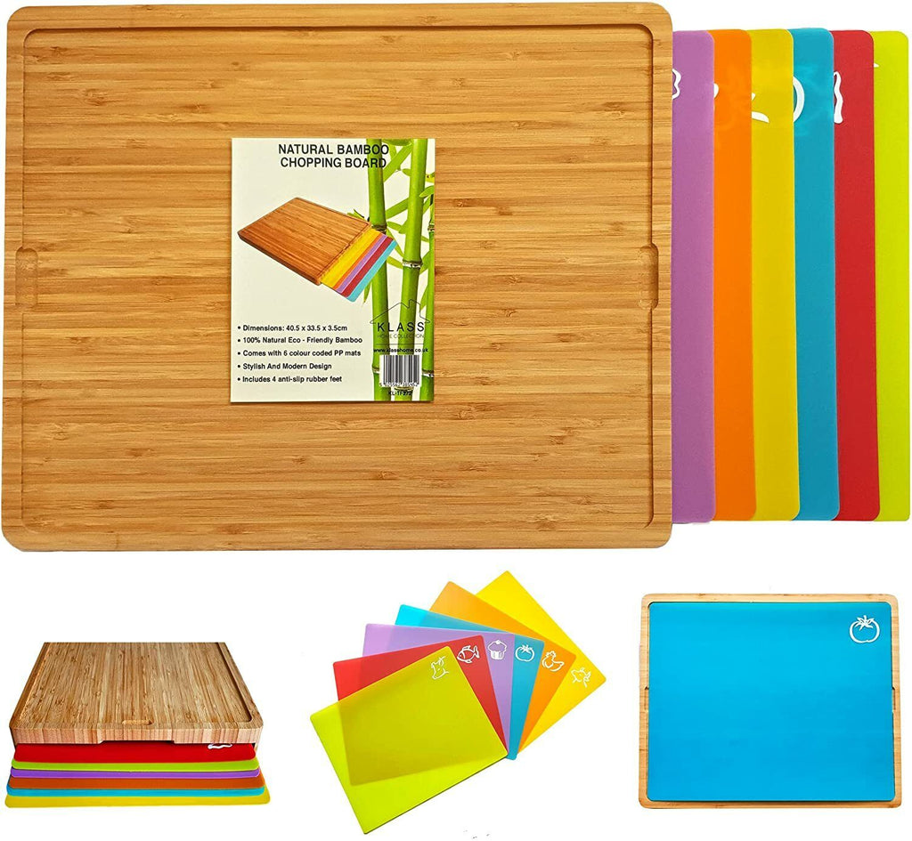 Wooden Cutting Board with 6 Plastic Colour Coded Chopping Mats