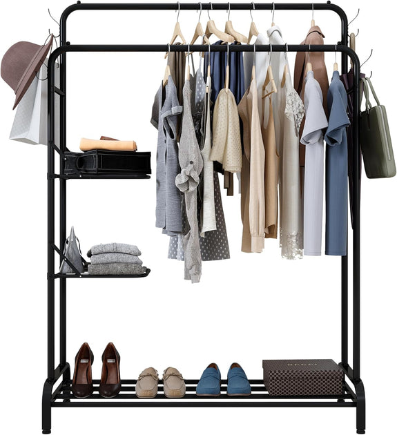 Heavy Duty Double Pole Cloth Rail with Folding Shelves and Shoe Rack ...