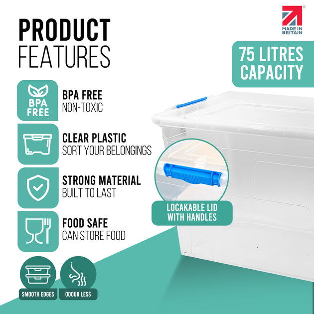 Klass Home Collection 3 x 75L Storage Boxes With Lids, Set of 3, 75 ...