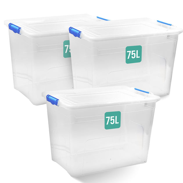 Klass Home Collection 3 x 75L Storage Boxes With Lids, Set of 3, 75 ...